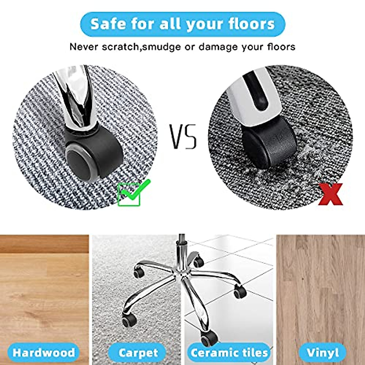 Office Chair Caster Wheels Replacement(Set of 5) for Hardwood Floors and Carpet- Heavy Duty Caster Support up to 1000bls, Office Rubber Chair Wheels,2 inch,Universal Size (Grey)