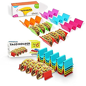 GINKGO Taco Holder Stand Set of 6 and Colorful Taco Holders Set of 6 Taco Taco Tray Plates with Handle Very Sturdy and Durable Dishwasher and Microwave Safe