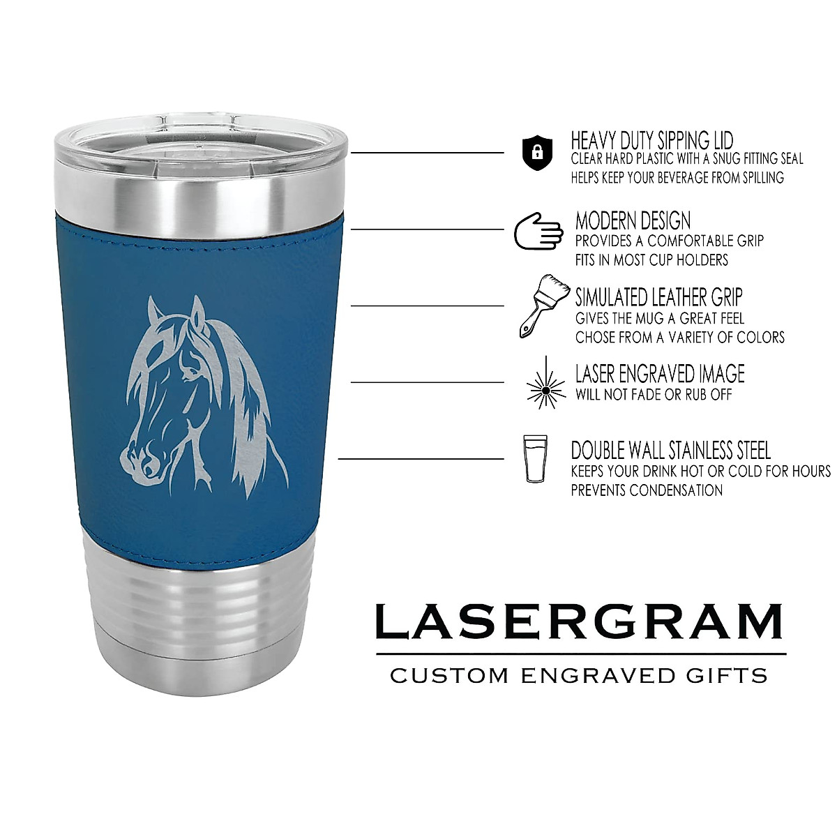 LaserGram 20oz Vacuum Insulated Tumbler Mug, Horse Head 1, (Faux Leather, Dark Blue)