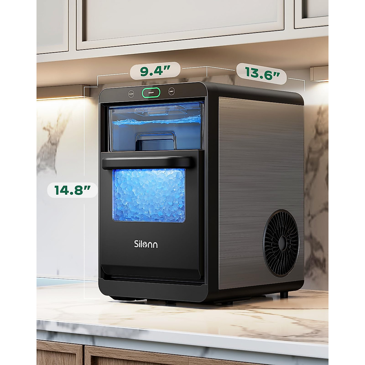 Nugget Ice Maker Countertop - Silonn Pebble Ice Maker Machine Crushed Ice, Pellet Ice 44 lbs per Day, Pull-Out Water Tank and Removable Ice Basket for Home, Kitchen, Stainless Steel