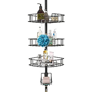 Tension Shower Caddy , Stainless Steel Corner Shower Caddy with Pole Storage Organizer with Rustproof Tension Pole for Bathroom Bathtub Shampoo Soap Plants, 4 Tier Adjustable Shelves, 54 to 125 Inch
