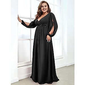 Ever-Pretty Plus Women's Plus Size A-line Floor-Length Long Sleeves V Neck Formal Party Dress Black US20