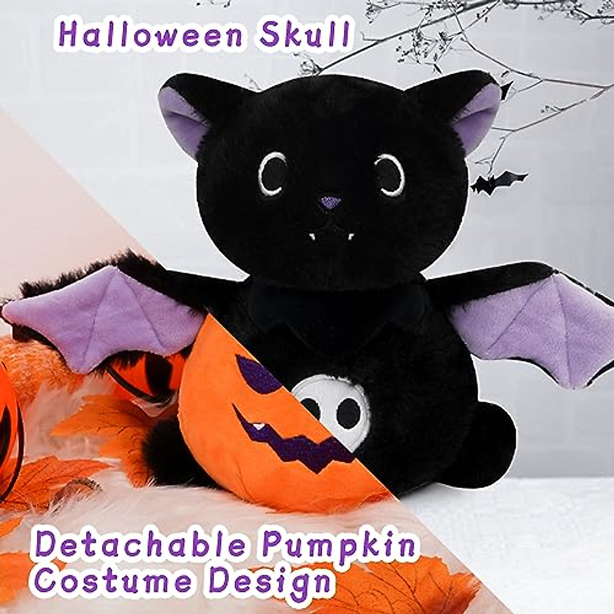 JIAJEGTGT Halloween Plush Bat, Bat Stuffed Animal Toy, Plushies Pillow Figure with Pumpkin Clothes, Decoration Gifts for Boys and Girls Black
