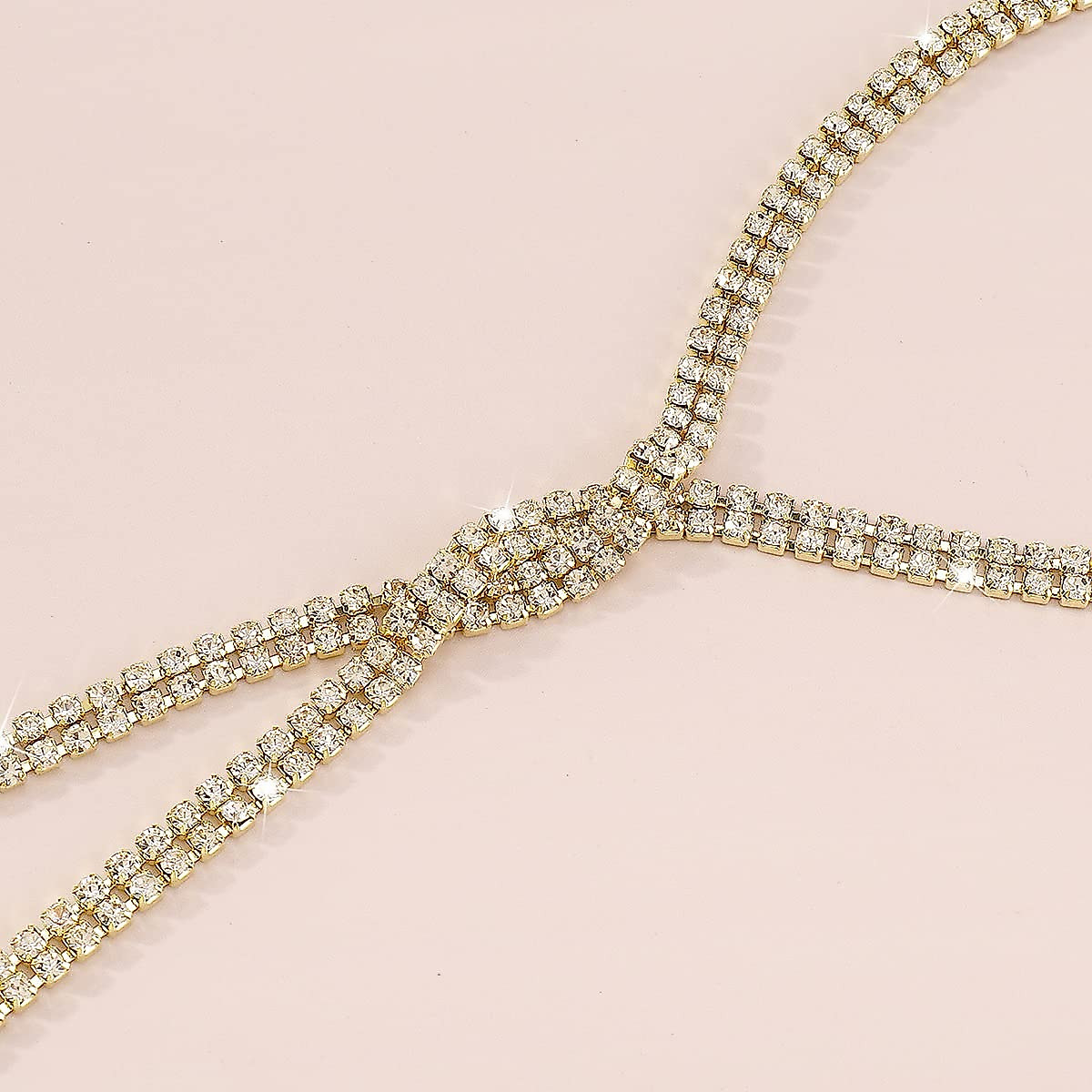 Chargances Golden Sparkly Rhinestone Y Lariat Long Necklace Tennis Crystal Backdrop Statement Necklace for Women