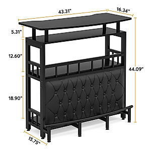 Tribesigns Home Bar Unit for Liquor, 44-Inch Bar Height Table with Storage, Black Entertainment Pub Table, Mini Bar Carts Upholstered&Metal Front Footrest for Kitchen, Balcony, Basement