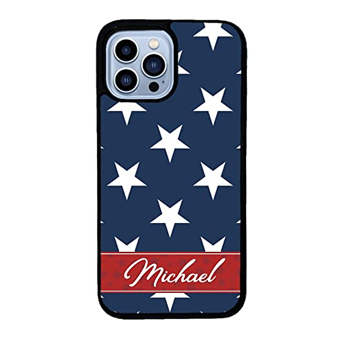Red White and Blue Stars Personalized Apple iPhone Black Rubber Phone Case Compatible with iPhone 14 Pro Max, Pro, Max, iPhone 13 Pro Max Mini, 12 Pro Max Mini, 11 Pro Max X XS Max XR 8 7 Plus