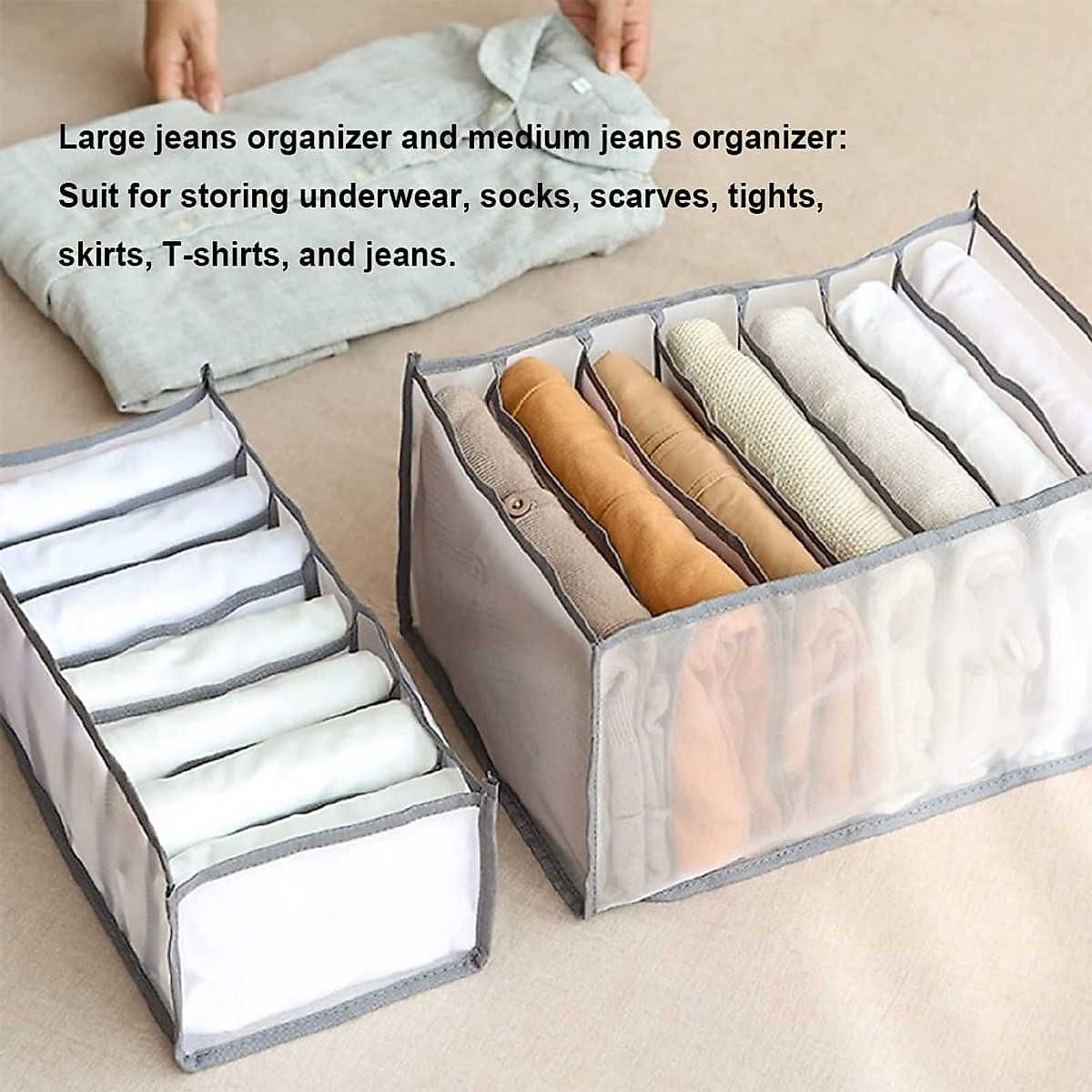 Dongyue 2Pcs 7 Grids Wardrobe Clothes Organizer Jeans Wardrobe Organizer Washable Mesh Kids Drawer Organizer suit for T-shirt,Legging,Skirts,Jeans,Kid Clothes (Grey, Large+Medium)