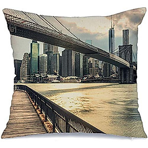 Decorative Linen Square Throw Pillow Cover Seaport Water New Financial York City Travel Binoculars Parks Outdoor View HDR Urban Empire East Cozy Cushion Pillowcase Case for Couch Car 20 x 20 Inch