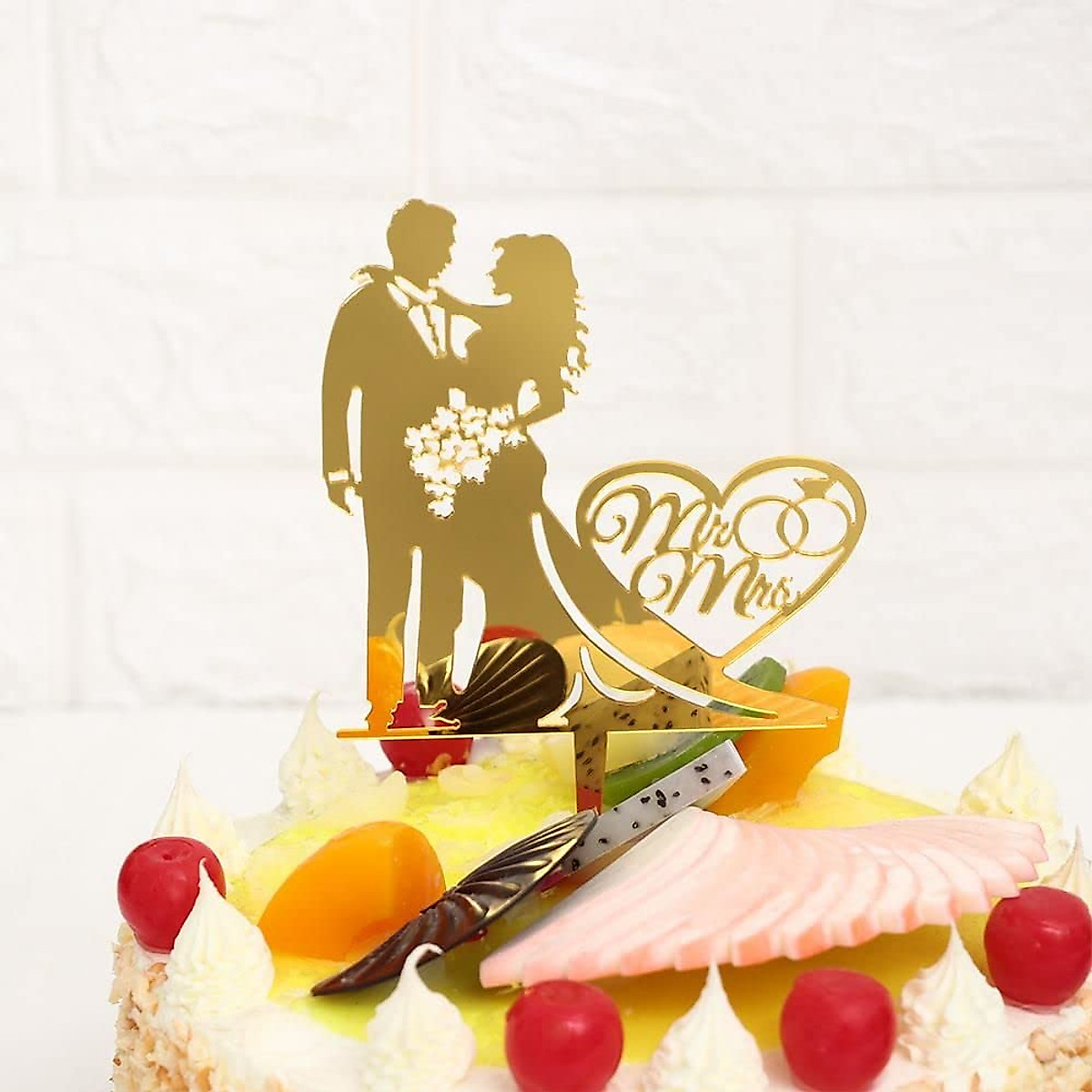 HomeSoGood 5Pcs Wedding Cake Topper Bride Groom Mr Mrs Wedding Decorations Acrylic Gold Cake Toppers Marriage Party Supplies Adult Favors(6.3inch,Gold)