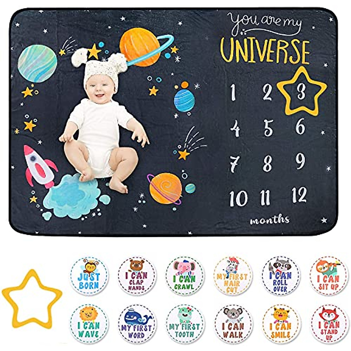 Baby Milestone Blanket - Cute Space Design Monthly Milestone Blanket for Baby Boy and Girl, Soft and Thick Flannel Material Wrapped with Milestone Stickers