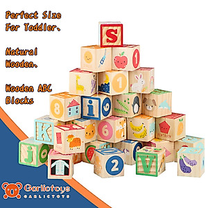 Garlictoys Wooden ABC Building Blocks for Toddlers 3+ |26 PCS Wood Baby Alphabet Number Blocks for Stacking Learning Preschool Educational Montessori Sensory Toys for Kids Boys Girls Gifts 1.65"