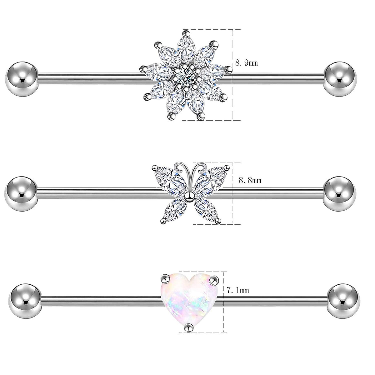 CHARM ONLINE 3PCS 14G Butterfly Flower Stainless Industrial Barbell Sparkly CZ Ear Industrial Piercing Bar for Women Men