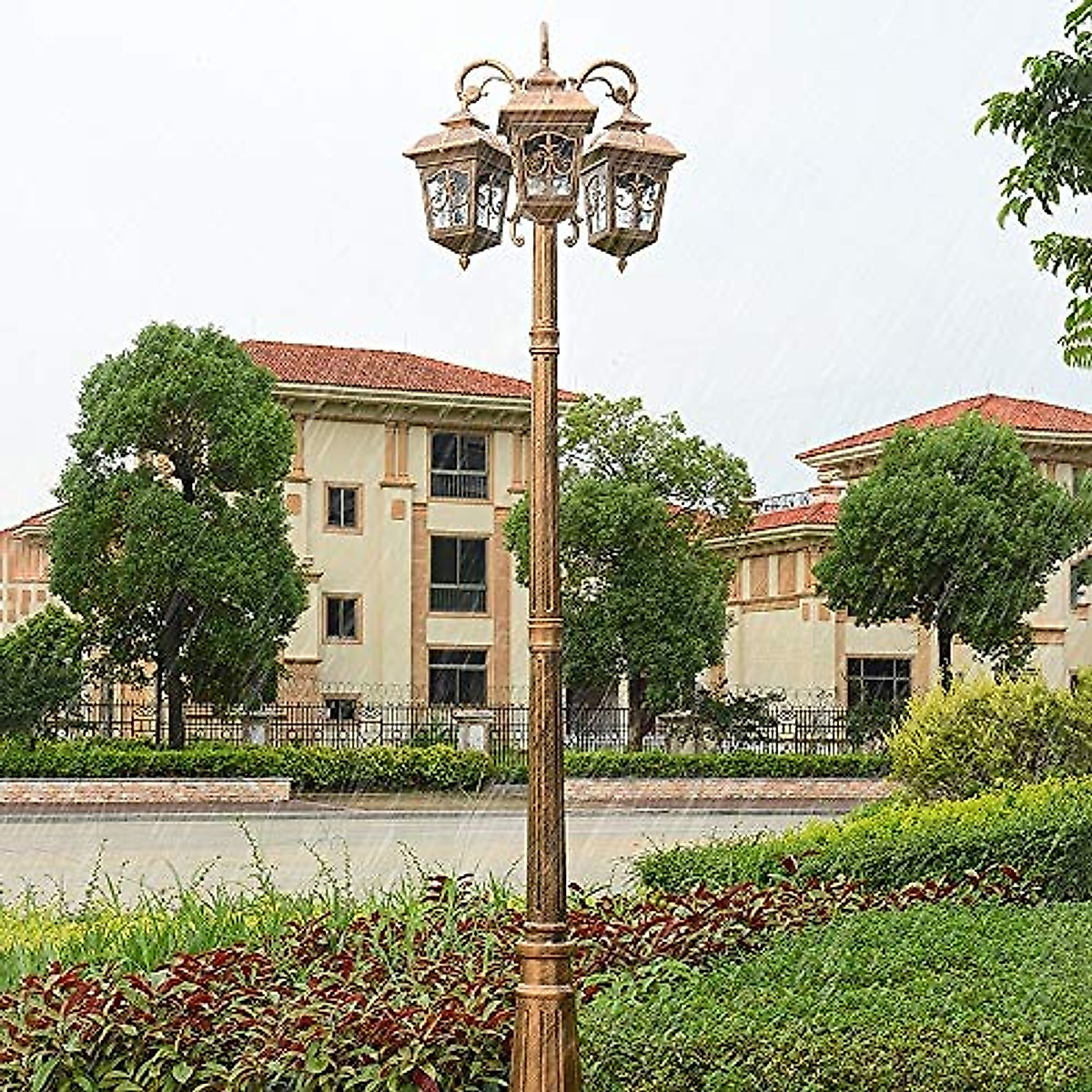 Lights Outdoor 3-Lights Country Vintage Metal Street Lights Courtyard Glass Lantern High Pole Path Column Lamp E27 Exterior Pillar Lantern IP55 Waterproof Park Community Lawn Post Light Stadium
