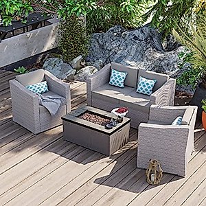 SUNBURY Outdoor 4-Piece Patio Furniture w Propane Fire Pit, Pearl Gray Rattan Conversation Set, 4 Blue Pillows w 32-inch Rectangle Wicker 40,000 BTU Fire Table w Glass Guard Fits 20 gal Tank Outside