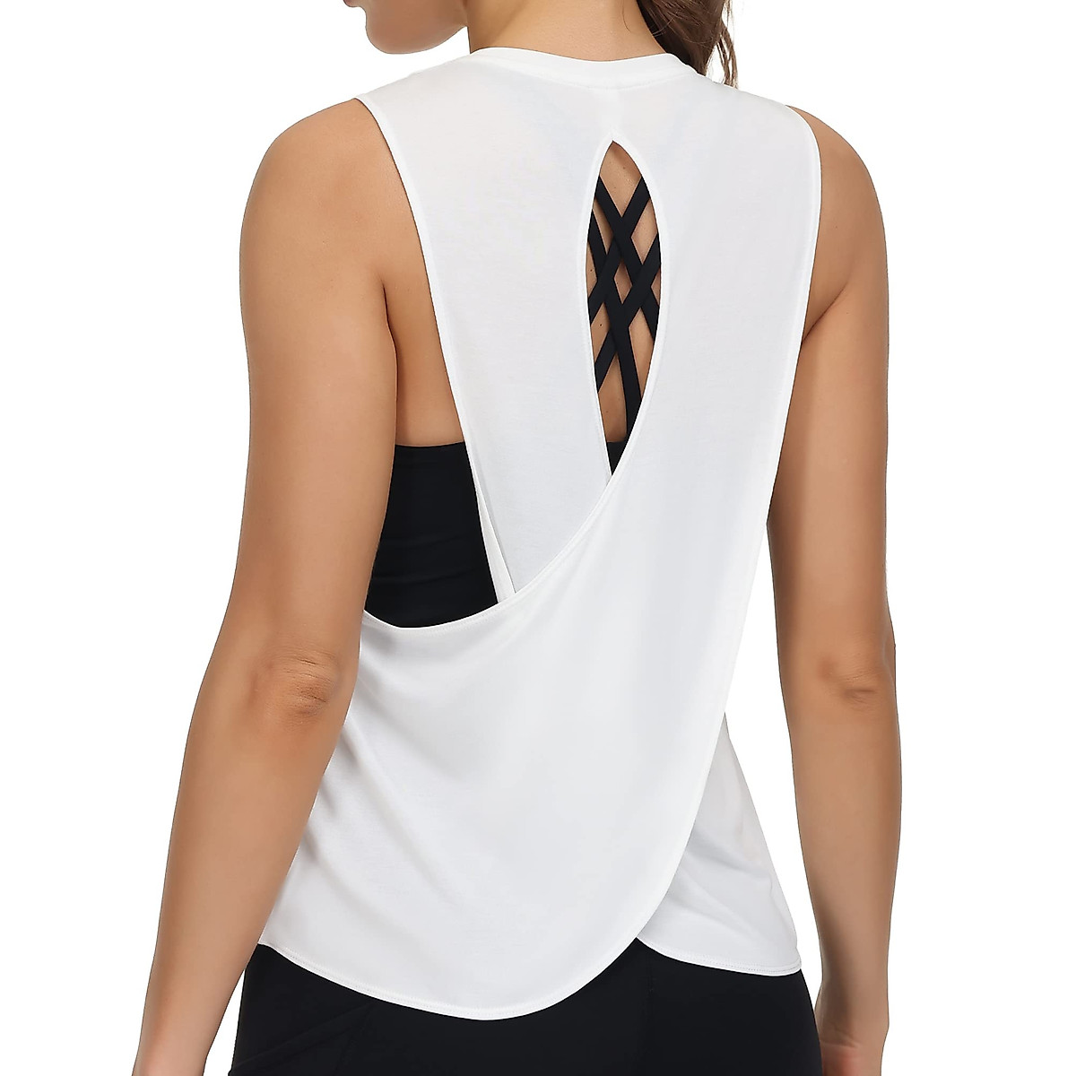 THE GYM PEOPLE Women's Open Cross Back Workout Tank Tops Loose Fit Sleeveless Yoga Running Shirts White