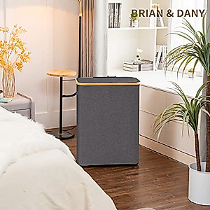 BRIAN & DANY 123L Laundry Basket with Lid, Large Laundry Hamper Organizer 2 Section with Removable Bag Liner for Bathroom and Bedroom (Grey)