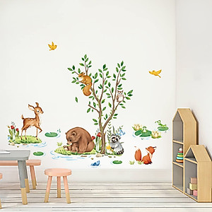 decalmile Forest Animals Tree Wall Stickers Bear Fox Deer Wall Decals Kids Bedroom Playroom Baby Nursery Wall Decor