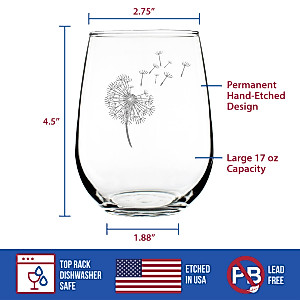 Dandelion Stemless Wine Glass - Friendship Gifts and Dandelion Flowers Decor for New Beginnings - Large 17 Oz Glasses