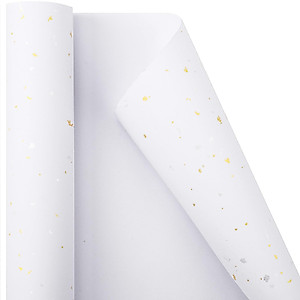 Flyhill Mini Roll Wrapping Paper-17inch*16.5ft（23.4sq.ft.ttl-White Gold Snowflake Foil Design with Smooth for Christmas,Birthday,Holiday,Wedding,Baby Shower