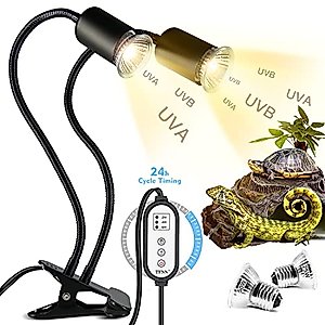 Reptile Heat Lamp, TFNN Double-Head Heat Lamp with Clamp, UVA UVB Reptile Light with Intelligent Cycle Timer for Turtle, Bearded Dragon, Lizard and More, 2 Bulbs 25W+50W