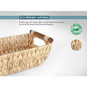 ADO Basics Water Hyacinth Hand Woven Basket, Stain Resistant Polished Wooden Handles Storage Wicker Baskets 12" Length, 6.29" Width, 4.25 Height