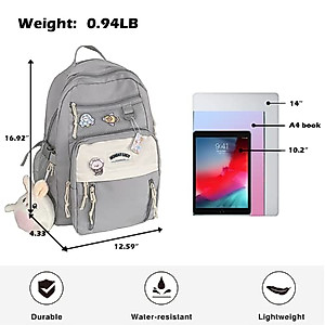 HIQUAY Kawaii Basic Backpack Cute Rucksack for Teen Girls Aesthetic Student Bookbags with Pendant and Lots of Pockets for School (Grey)