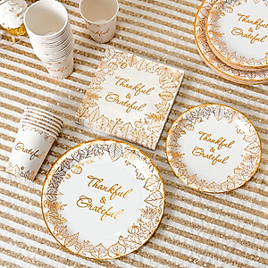 Crisky 24 Guests 96 Pcs Thanksgiving Disposable Napkins Plates Cups Set for Autumn Thanksgiving Dinner Party Decorations, Thankful and Grateful in Orange Foil