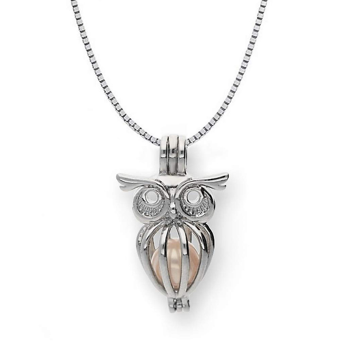 Pearlina Sterling Silver Owl Necklace Cage Cultured Pearl in Oyster Wish pearl Set 18"