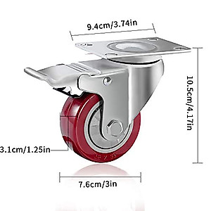 D&L 3 Inch Plate Swivel Casters Wheels 1400lbs Heavy Duty Casters with Brake Polyurethane Dual Locking Casters Set of 4 Red DL-I3-001R