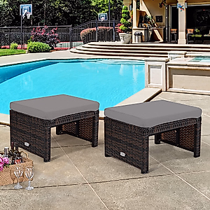 DORTALA 2 Piece Patio Wicker Ottomans, Outdoor Foot Rest with Cushions, PE Rattan Footstool for Patio, Garden, Poolside, Grey