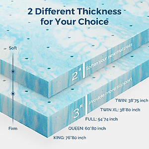 Mattress Topper Queen, 2 Inch Gel Memory Foam Bed Topper for Queen Size Bed, CertiPUR-US Certified, Blue