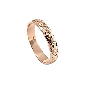 Arthur's Jewelry 14K rose gold custom hand engraved Hawaiian queen plumeria scroll band ring 4mm size 11