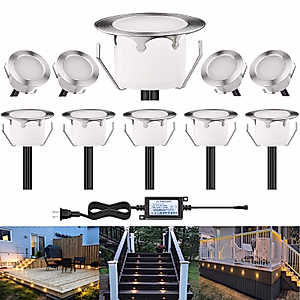 CHNXU LED Outdoor Deck Lights Kits, Φ1.77in Warm White 10 Pack Silver, Low Voltage 12V DC IP67 Waterproof, Electric Wired Recessed Exterior Stair Step Riser Landscape Lighting for Outside Floor Yard