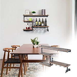 Wall Wine Rack with 4 Stem Glass Holder Wall-Mounted Wine Racks, 39.37" Industrial Pipe Shelf Wine Rack Metal Floating Bar Shelves, Farmhouse Wall Shelf Wine Holder for Kitchen Dining Room Bar