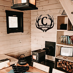 PK Décor Deer Antler Decor Family Last Name ACM Metal Sign For Man Cave, Couple Antler Initials, 18 or 24 inches, Last Minute Gift Idea for Him, Black, White, Silver, Gold