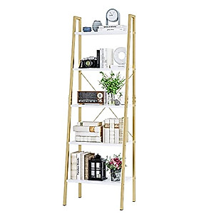 finetones 5-Tier Ladder Shelf, Gold Bookcase Bookshelf with Metal Frame, Display Shelf Plant Rack Accent Furniture for Home Office, White/Golden