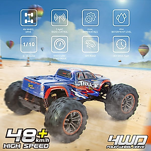 Hosim 1:10 Large Size 48+ KMH 4WD High Speed RC Monster Trucks,Hobby Grade RC Cars for Adults Boys Remote Control Vehicle 2 Batteries for 40+ Min Play Gift for Kids(Blue)