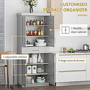 HOMCOM Modern Kitchen Pantry Freestanding Cabinet Cupboard with Doors and Drawer, Adjustable Shelving, Grey