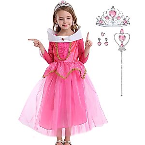 iTVTi Girls Princess Dress Up Halloween Party Costume with Crown Wand Earrings Ring, Pink, 5-6 Years (Label 130)