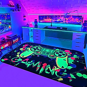 Gaming Room Decor Rug Gamer Rugs for Bedroom UV Reactive Blacklight Video Area Rug Game Room Glow in The Dark Playroom Large Non-Slip Gaming Rugs Carpet Mat for Bedroom Living Room 60X40inch