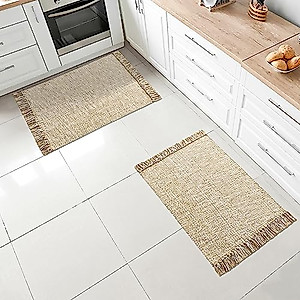 MitoVilla Boho Farmhouse Small Rug Set 2 Piece 2'x3', Area Rug with Tassels for Kitchen, Cotton Woven Washable Bathroom Throw Rug for Hallway, Entryway, Laundry Room Floor, Tan Cream