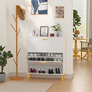 Garden 4 you Shoe Cabinet with 2 Flip Drawers, Freestanding Shoe Cabinet Organizer with Wooden Leg, Narrow Shoes Storage Cabinet for Entryway, Hallway, Living Room, Bedroom (White)