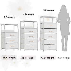 Furnulem White Dresser with 5 Drawers, Vertical Storage Tower Fabric Dresser for Bedroom, Hallway, Entryway, Nursery, Closet Organizer, Nightstand Bedside Table Furniture, Sturdy Steel Frame, Wood Top