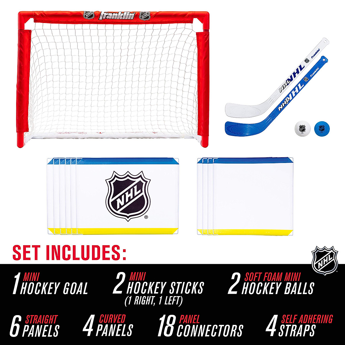 Franklin Sports Mini Hockey Rink Set - Half Rink Knee Hockey Goal, Mini Sticks, and Ball Set - Indoor Mini Hockey Rink - Official NHL Licensed White