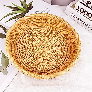 I-lan 10 Inch Round Bread baskets with 2" Wall, Rattan Fruit Basket with Rolled Edge, Decorative Natural Basket Wicker Bowl for Nuts, Candy Catch All Dish, Storage, Coffee Table, Brown, L