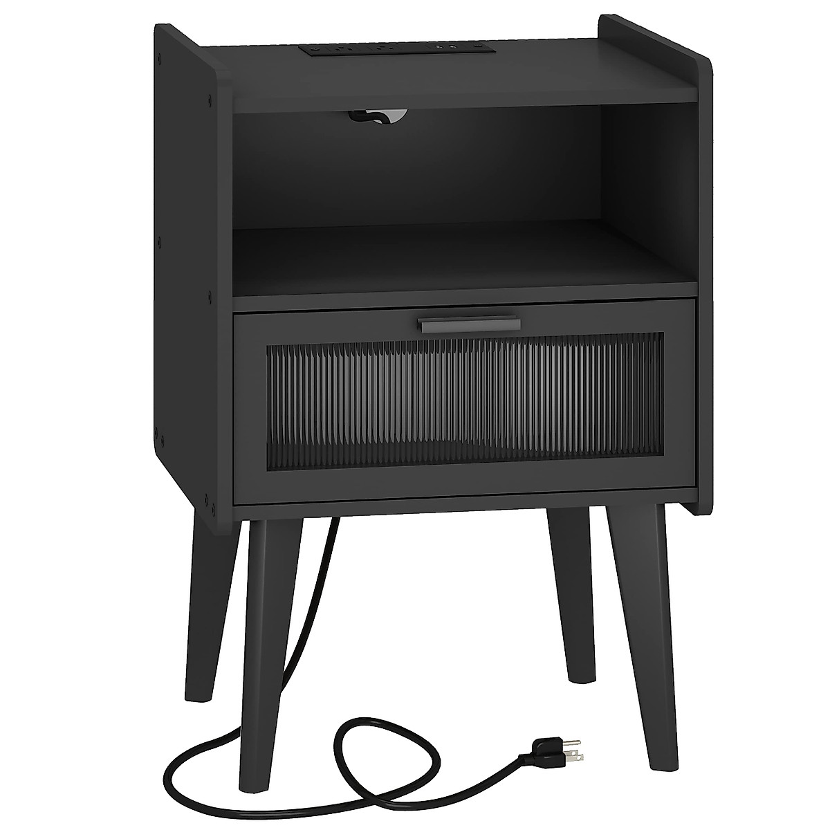 MMEOLUOOK Nightstand with Charging Station, Bedside Tables, End Table Side Table with 2 Tiers Storage Space, for Bedroom, Living Room, Black MLBZ07BE