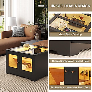 Fameill Square LED Coffee Table with Storage Space, Modern Black Wooden Coffee Table with Glass, Living Room Central Table, Cocktail Table for Living Room, Conference Room and Bedroom