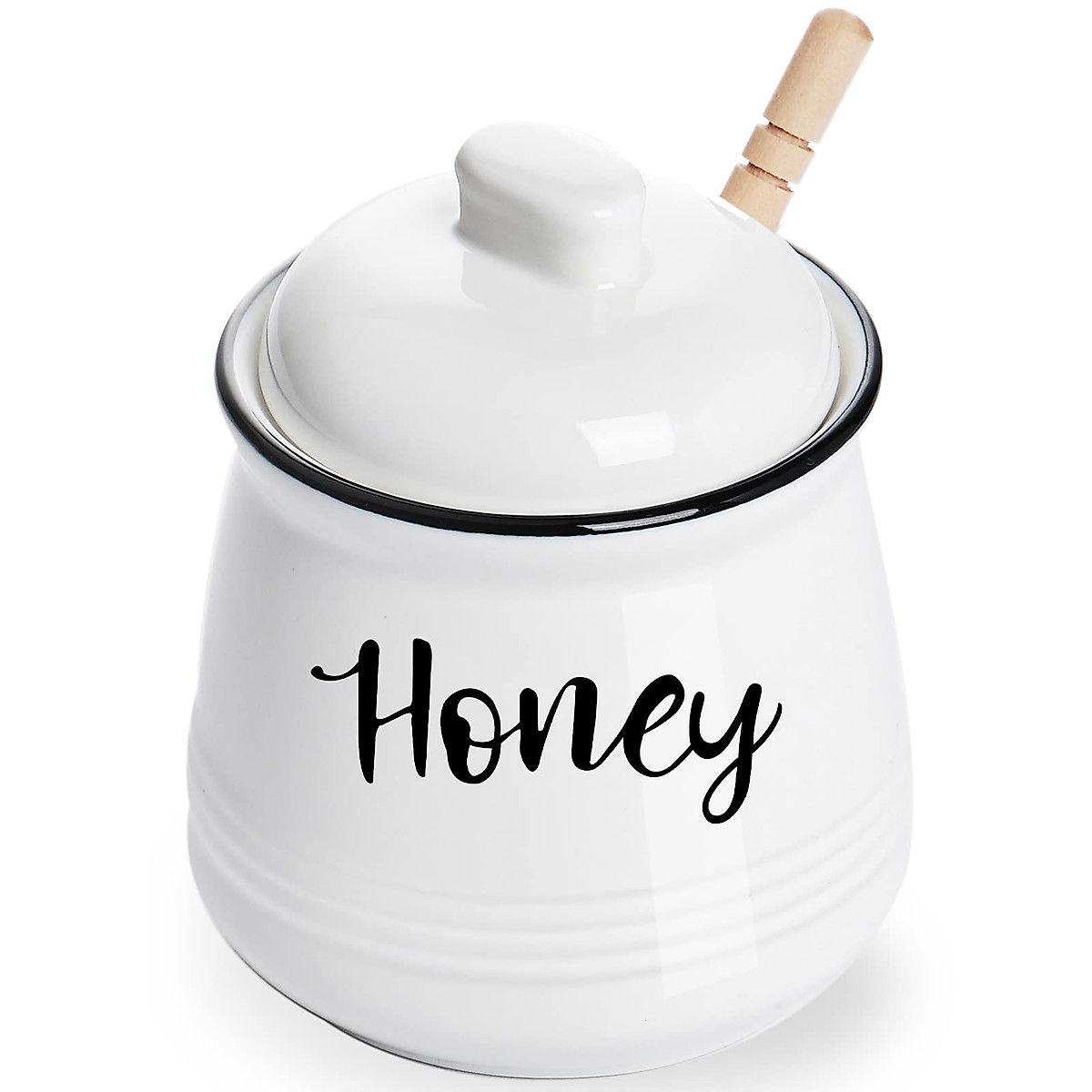 HAOTOP Farmhouse Porcelain Honey Jar with Dipper and Lid Set 12oz,Easy to Clean (White)