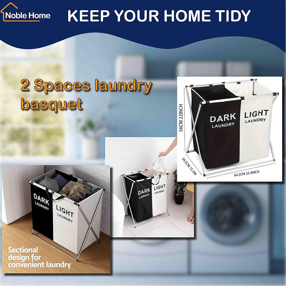NOBLE HOME - Laundry Basket,Laundry Hamper,3 compartment laundry hamper,Dirty Clothes Hamper,bathroom accesories,Collapsible Laundry Baskets.Laundry Sorter,Hamper,Laundry Basket Sorter (2 SECTIONS)