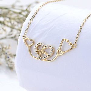 SISGEM 14K Real Gold Stethoscope Necklace for Women,Yellow Gold Created Moissanite Heart and Heartbeat Necklaces,Medical Jewelry for Doctor Nurse Medical Student RN Nurse Gifts,16''-18'' (Style-2)